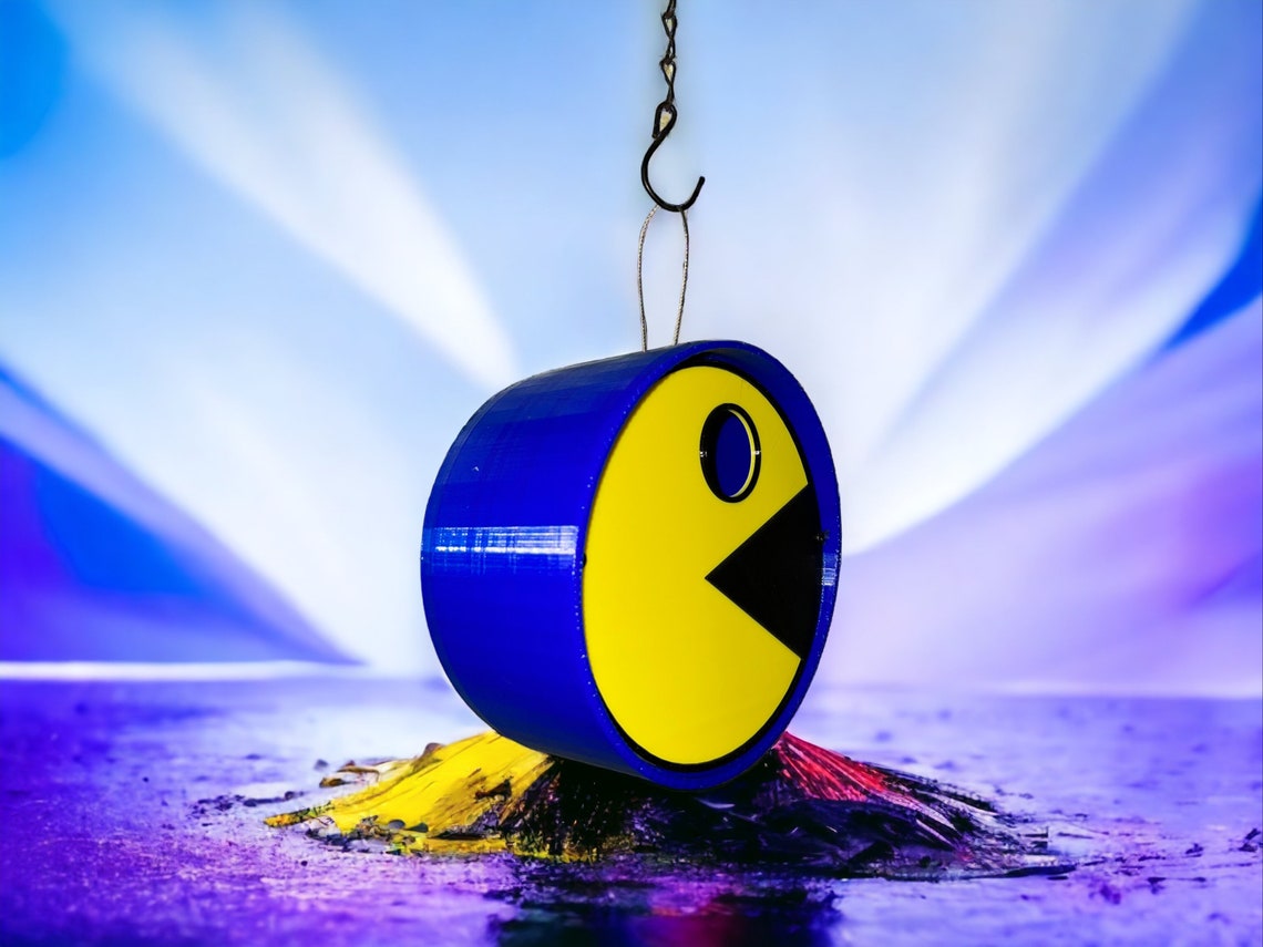 Pacman Bird House, Indoor or Outdoor Pac Man Yard Art Birdhouse Blue ...