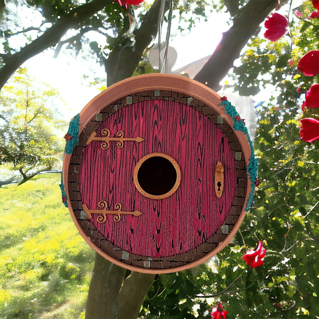 Hobbit Hole Door Birdhouse One of a Kind Red With Ivy Creeping Roses ...