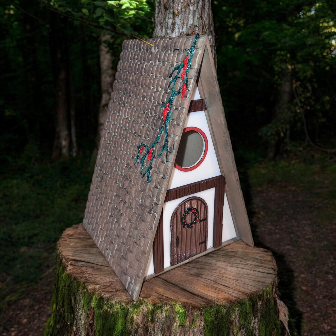 A-frame Chalet Birdhouse Ski Cottage Tudor Cabin With Floral Vines and ...