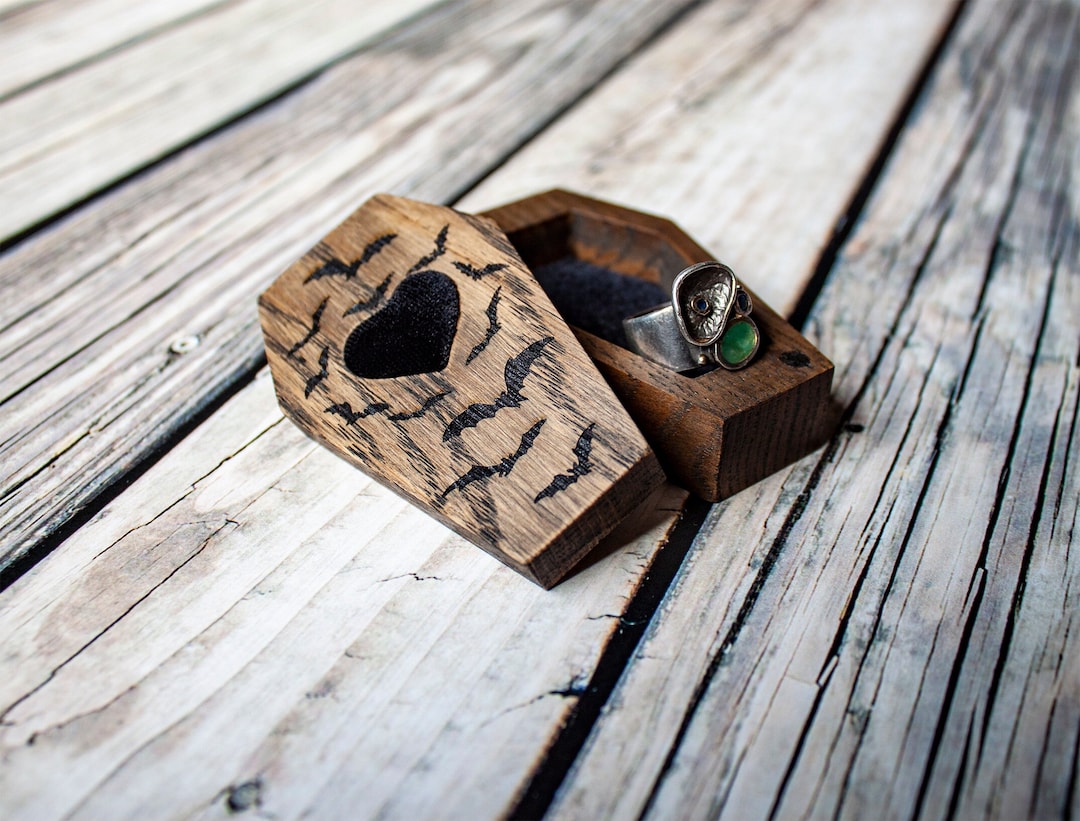 Custom Dark Coffin Ring Box With Velvet Heart, Personalized Engagement ...