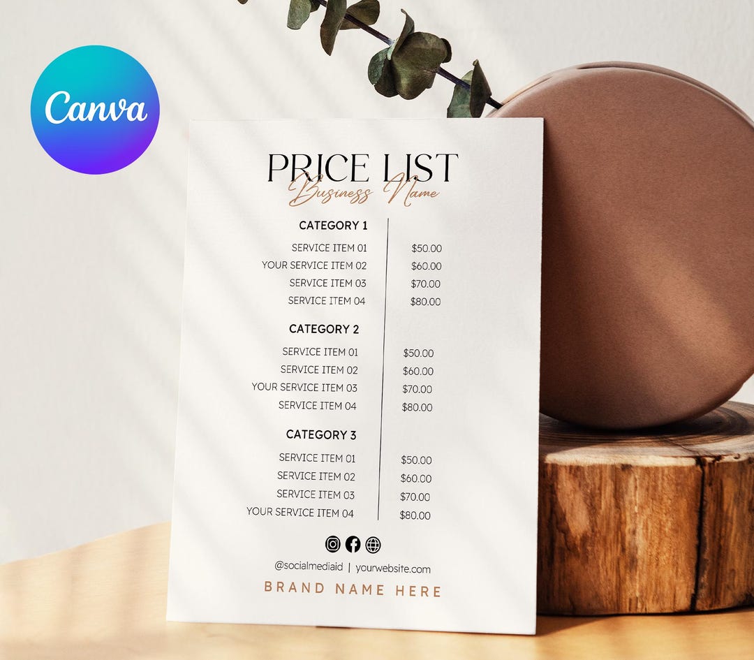 Modern Price List Template Canva Editable Price Sheet Pricing List for ...