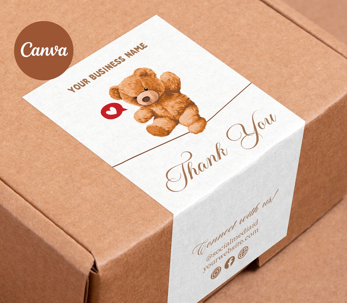 Teddy Bear Box Labels Template Canva | Order Packaging Seal Sticker ...
