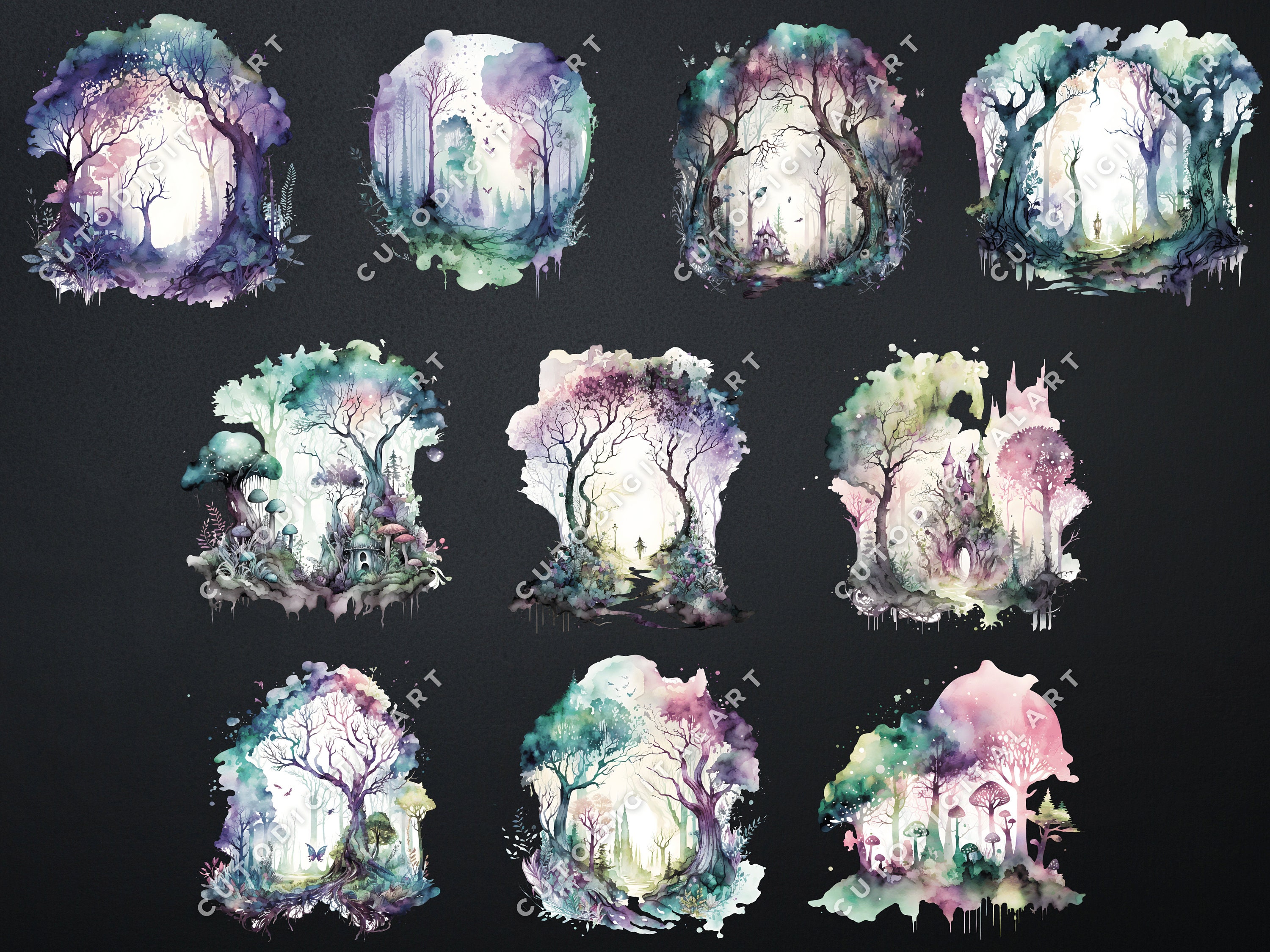 Watercolor Enchanted Forest Clip Art Bundle, Magical Woodland Elements ...