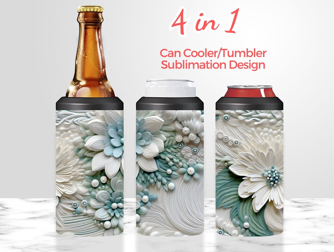 4 in 1 Can Cooler Sublimation Design, 3D White Blue Floral Tumbler Wrap ...