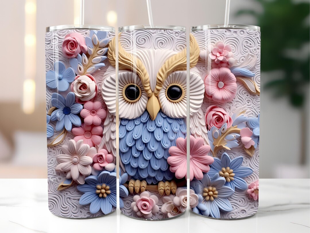 3D Blue Pink Owl Tumbler Wrap - Skinny Tumbler Wrap for 20oz Tumbler ...