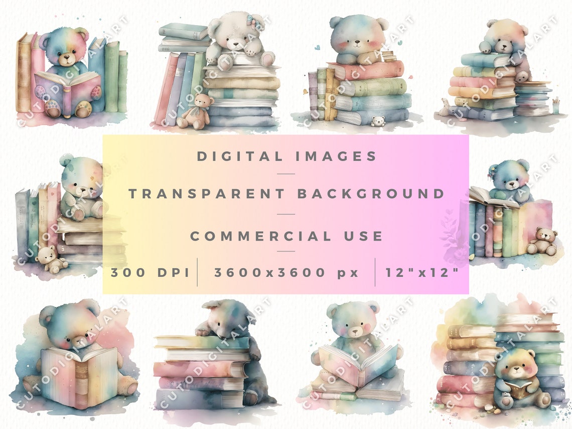 Watercolor Pastel Books Clipart Transparent Book Stacks Cute - Etsy