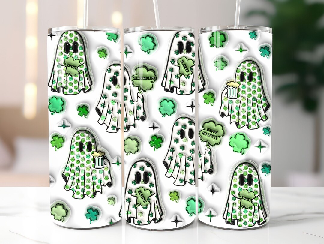 3D Shamrock Ghost Inflated Tumbler Wrap PNG, Puffy Spooky St Patrick's ...