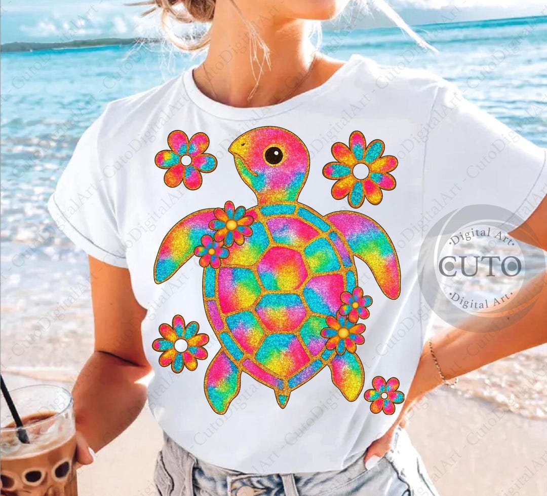 Preppy Summer Turtle Sublimation Design PNG, Colorful Glitter Summer T ...