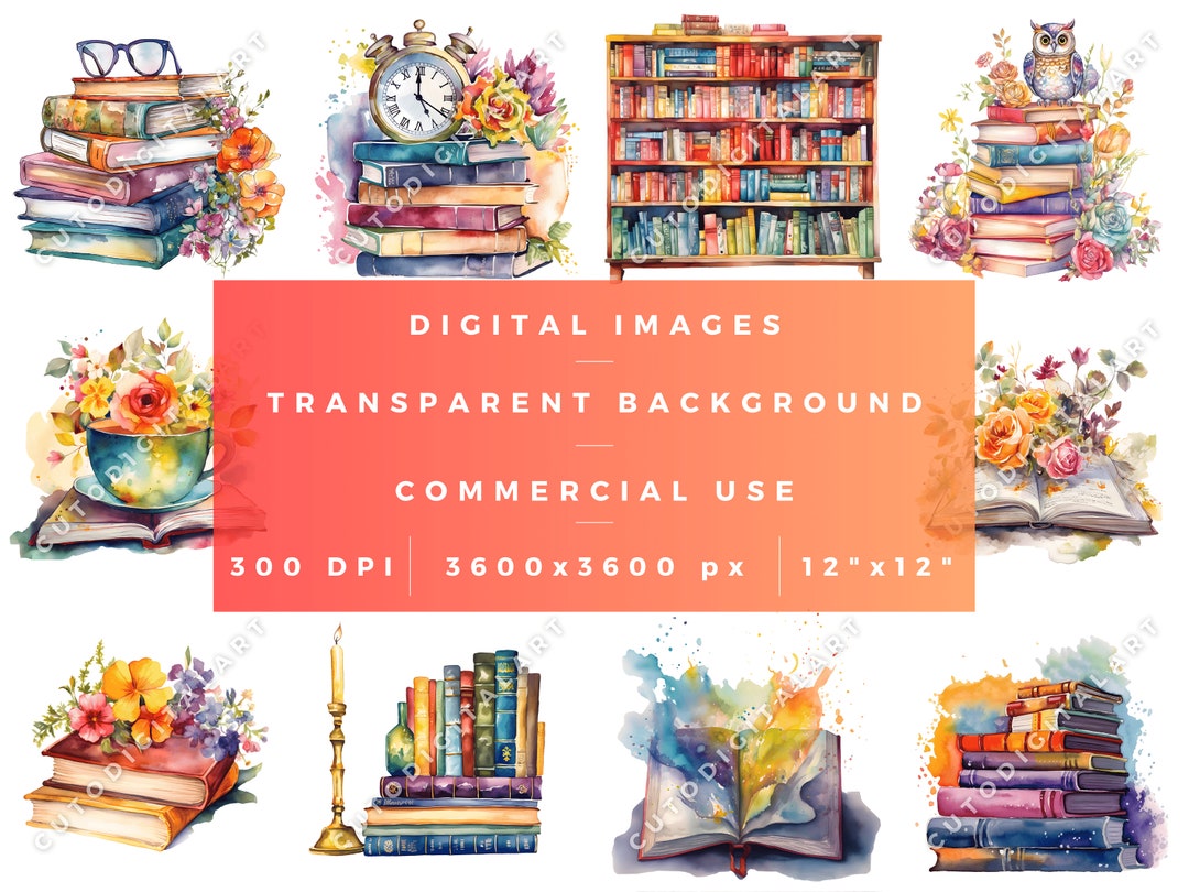 Watercolor Book Clipart Bundle Transparent Bookshelfs and - Etsy