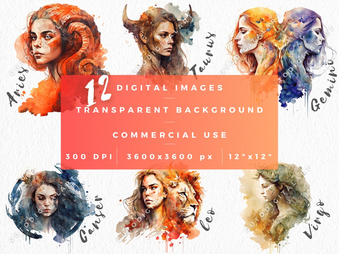 Watercolor Zodiac Signs Clipart Bundle, Transparent Zodiac Sign, Zodiac ...