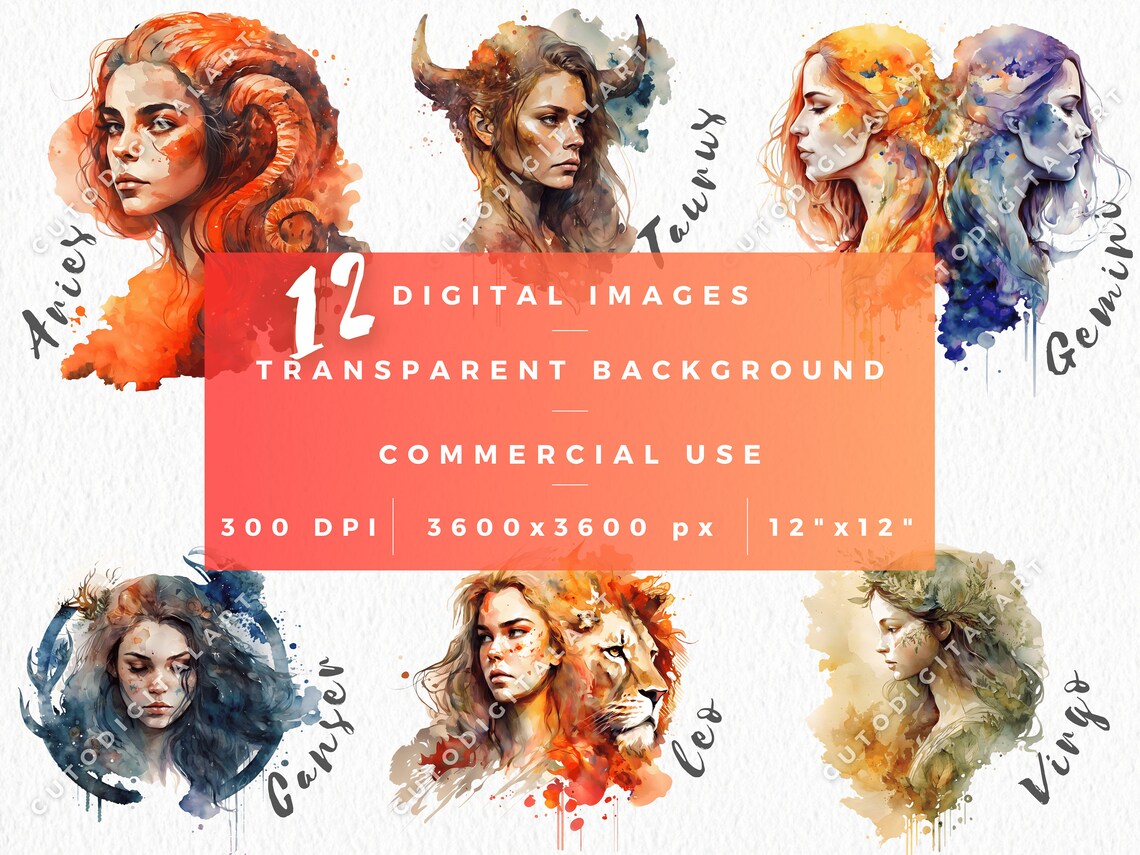 Watercolor Zodiac Signs Clipart Bundle, Transparent Zodiac Sign, Zodiac ...