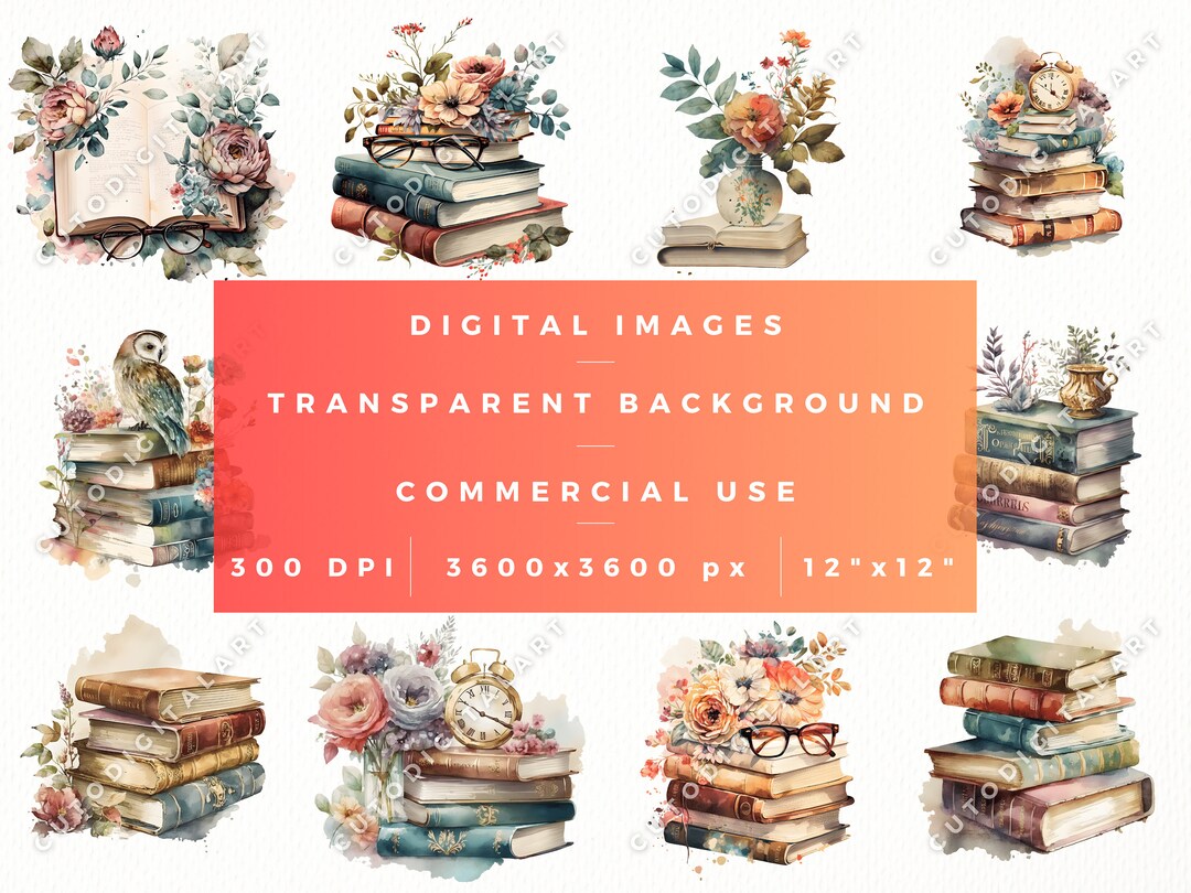 Watercolor Book Clipart Bundle, Transparent Book Stacks Vintage Style ...