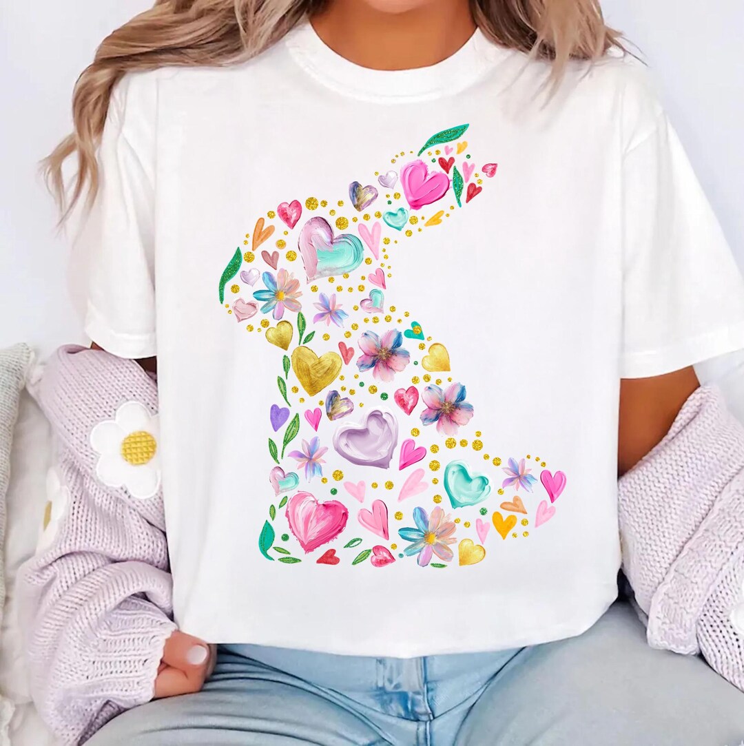Easter Bunny With Hearts Flowers Gold Glitter PNG | Watercolor Floral ...
