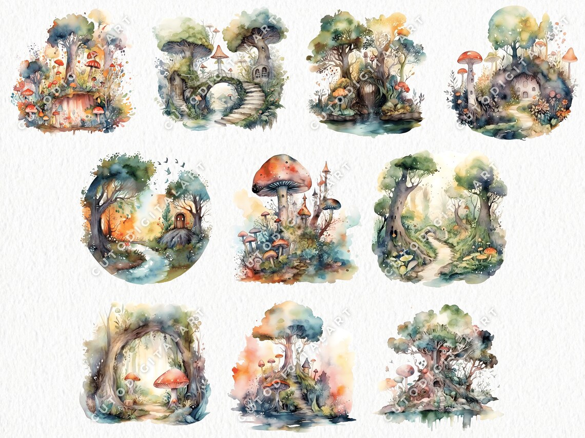 Watercolor Enchanted Forest Clip Art Bundle, Magical Woodland Elements ...