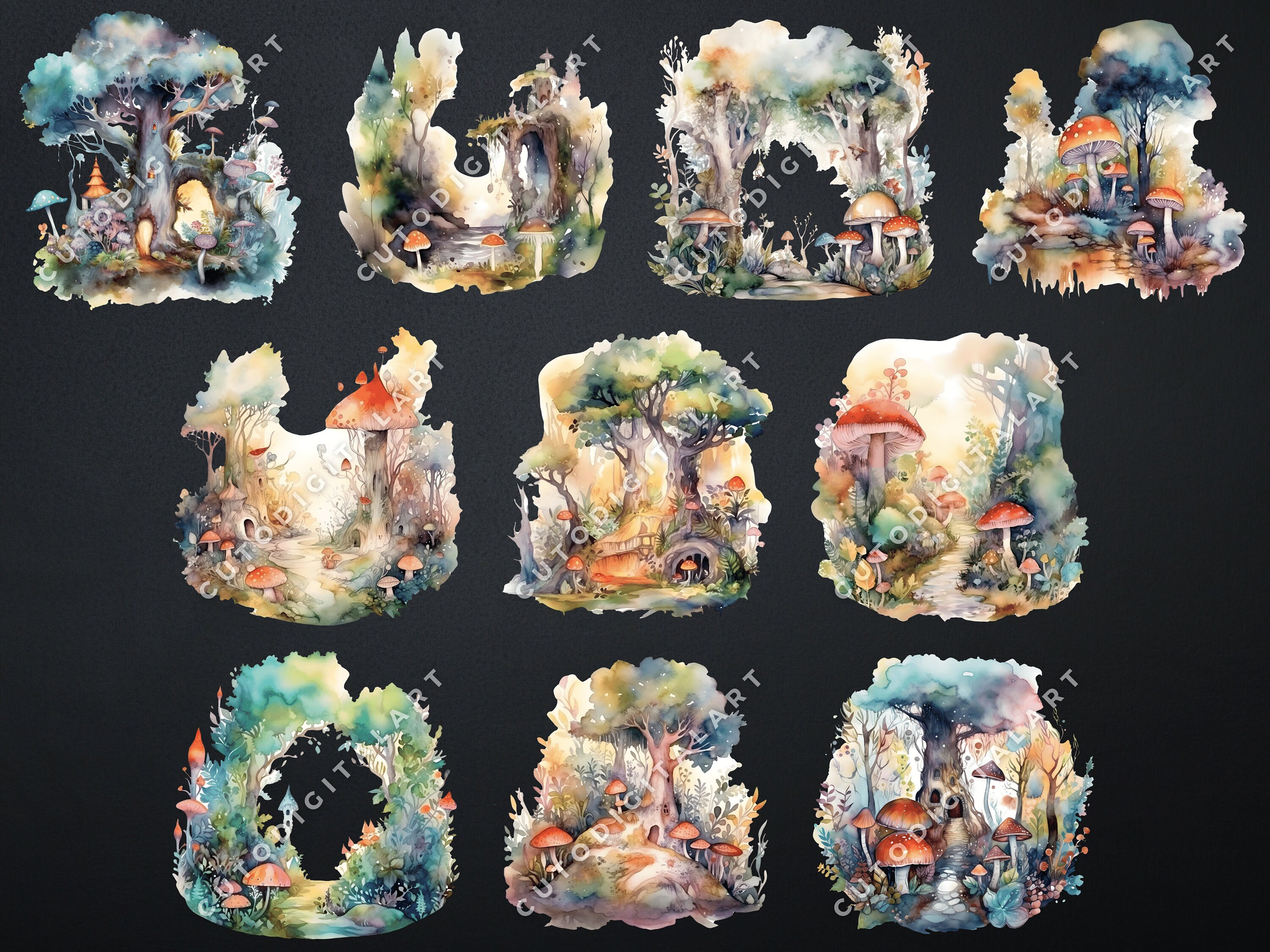 Watercolor Enchanted Forest Clip Art Bundle Magical Woodland - Etsy
