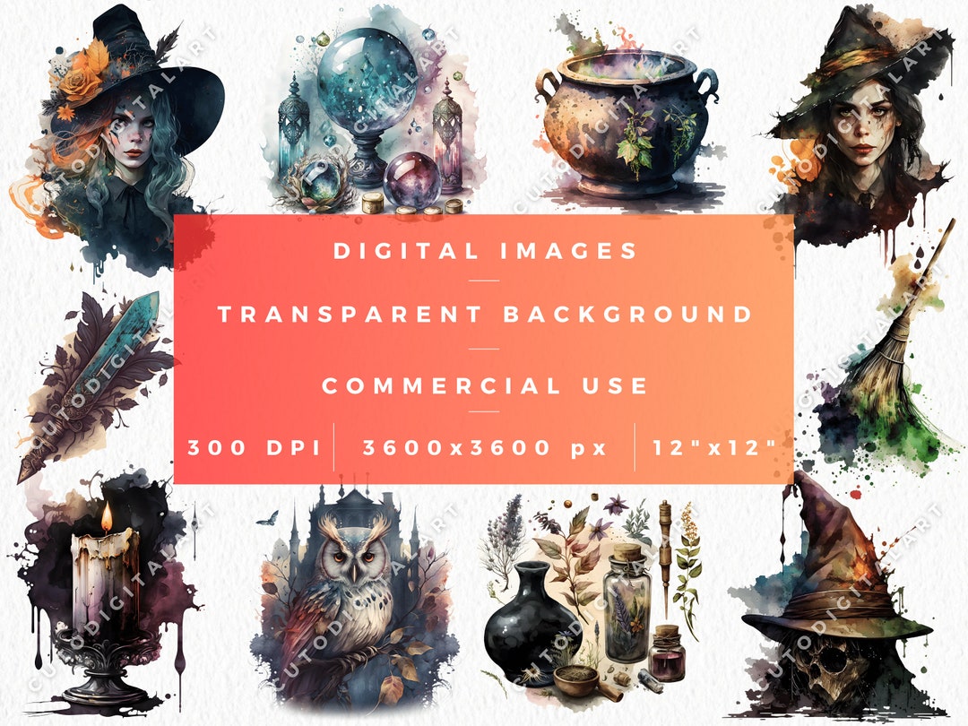 Watercolor Gothic Witch Clipart Bundle, Transparent Witch Vintage Style ...