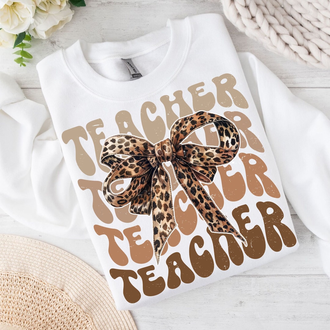 Retro Leopard Print Teacher Bow Digital PNG - Groovy Letters and Animal ...