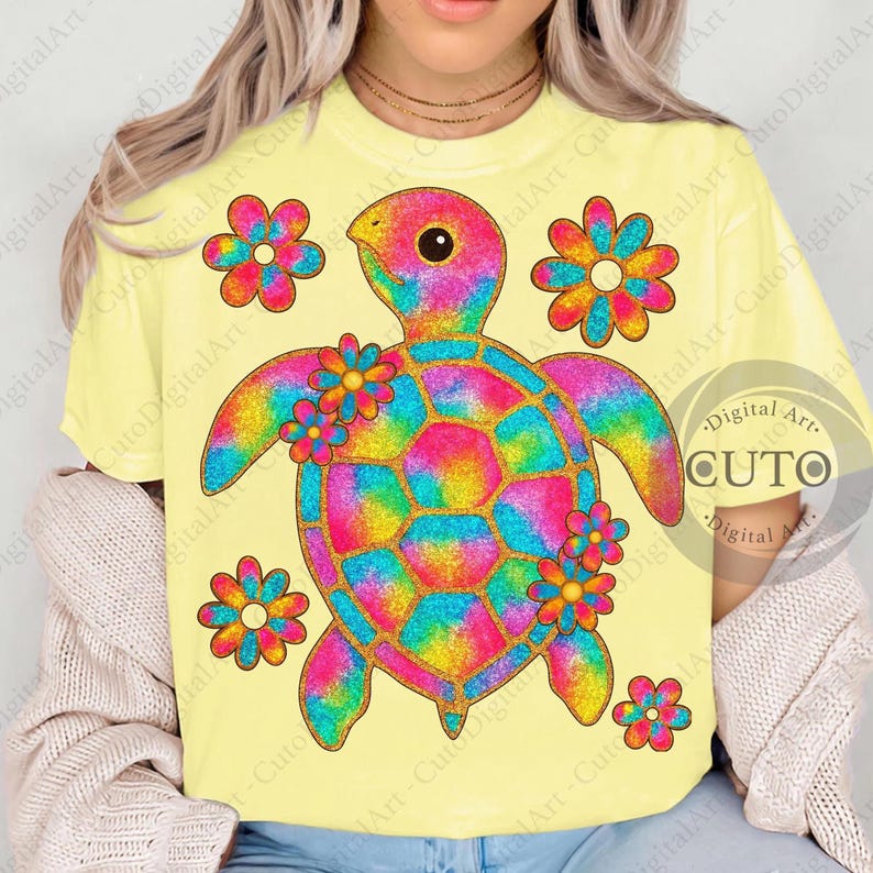 Preppy Summer Turtle Sublimation Design PNG, Colorful Glitter Summer T ...