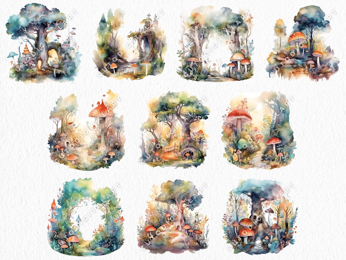 Watercolor Enchanted Forest Clip Art Bundle, Magical Woodland Elements ...