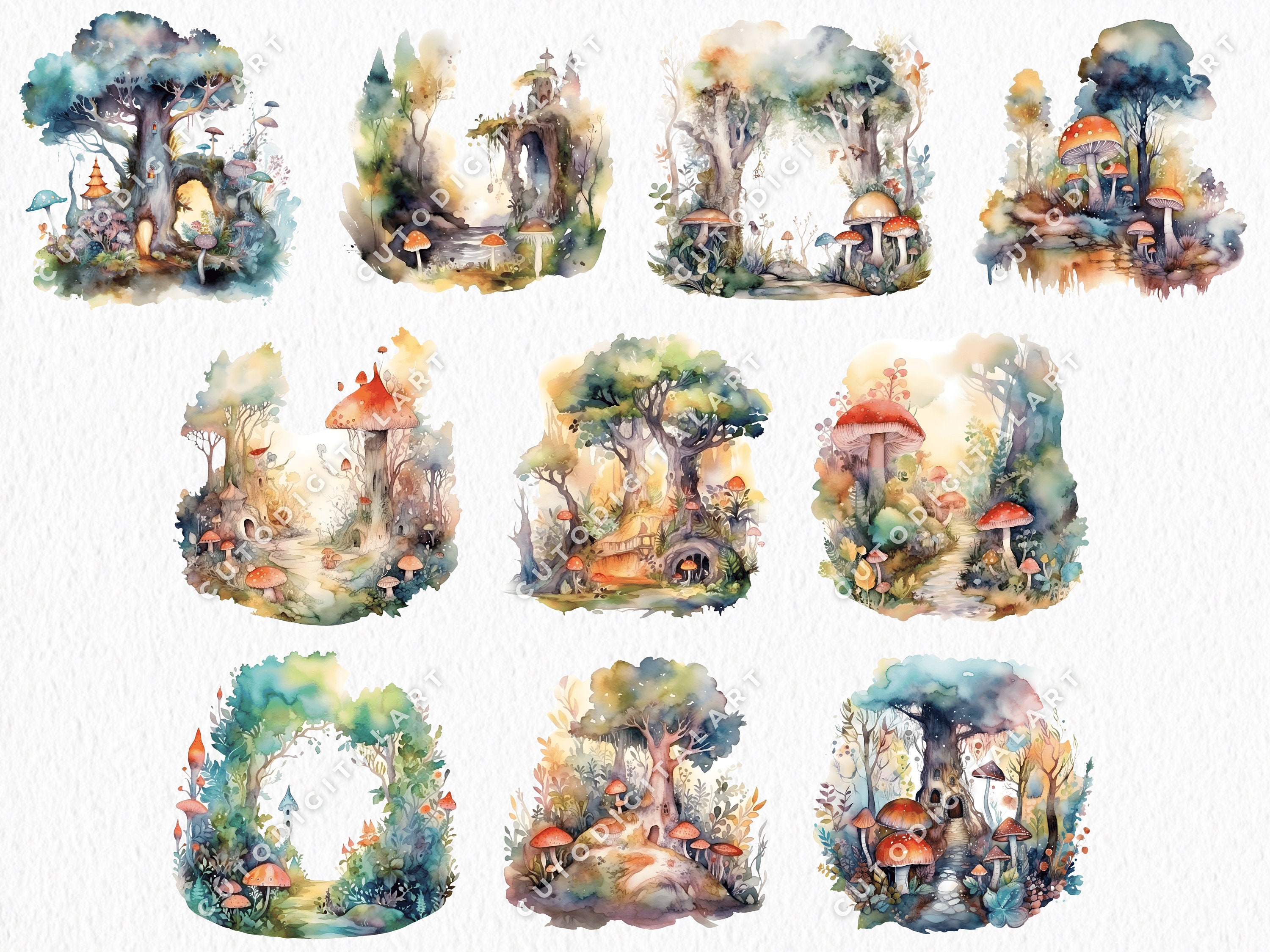 Watercolor Enchanted Forest Clip Art Bundle, Magical Woodland Elements ...