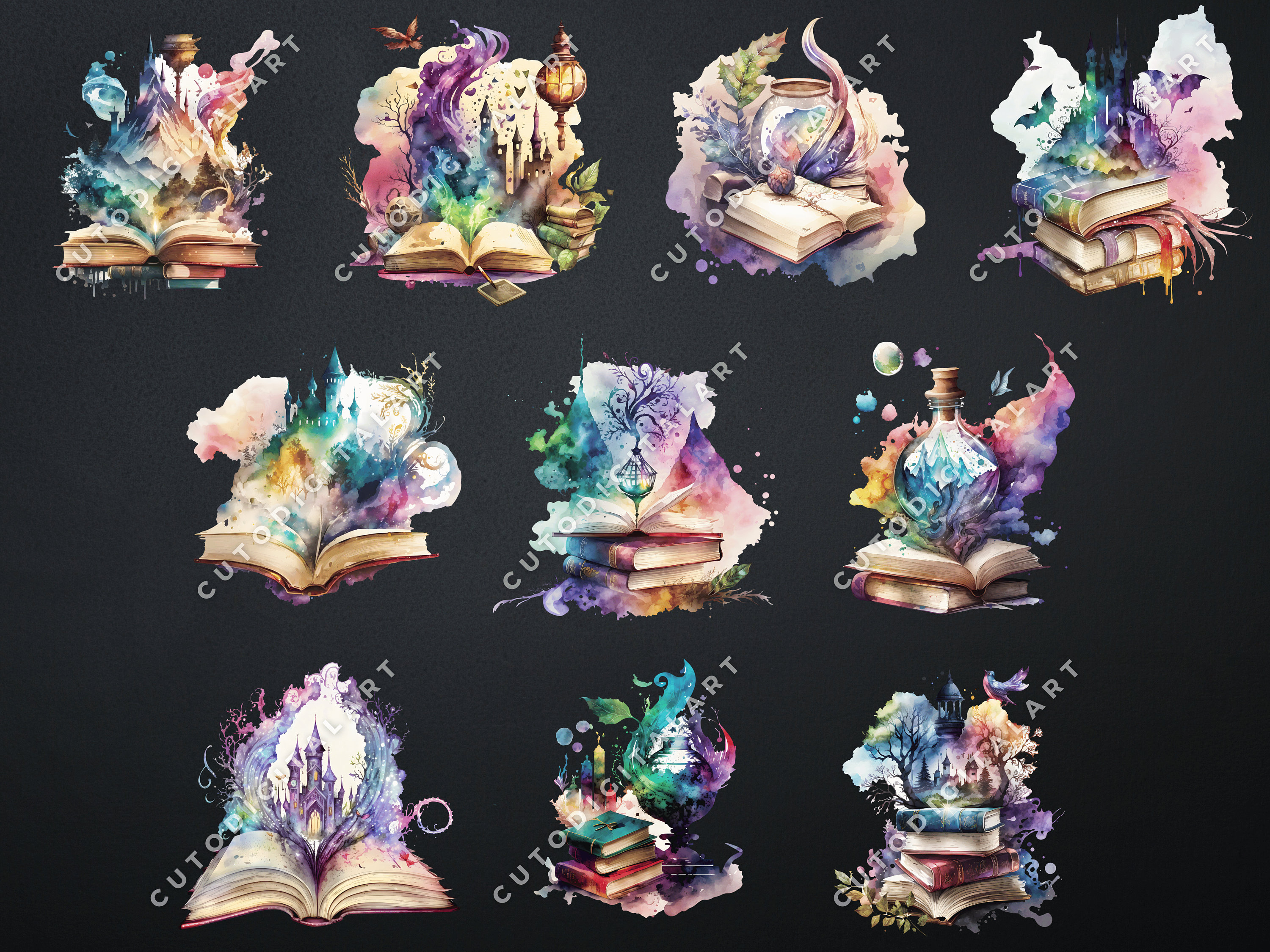 Watercolor Fantasy Books Clipart Bundle Gothic Books Clipart - Etsy