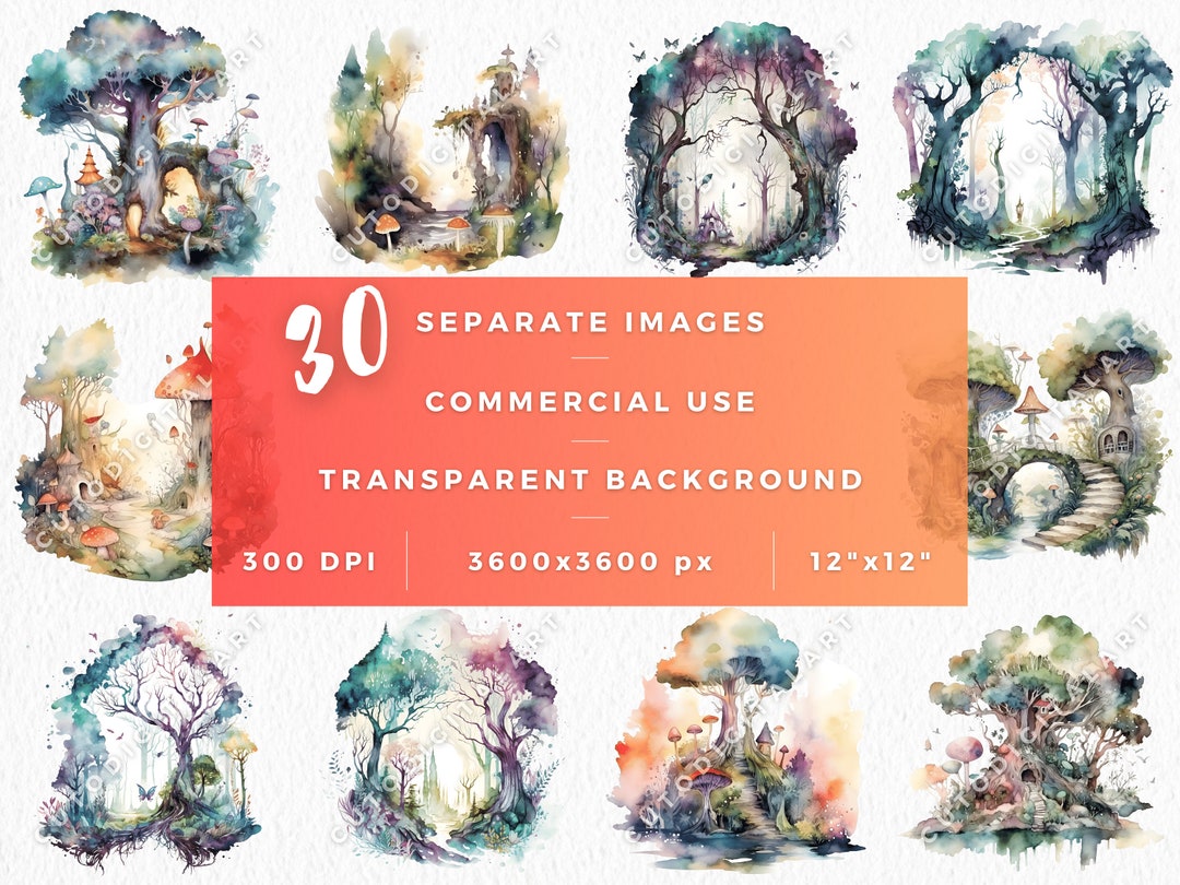 Watercolor Enchanted Forest Clip Art Bundle, Magical Woodland Elements ...