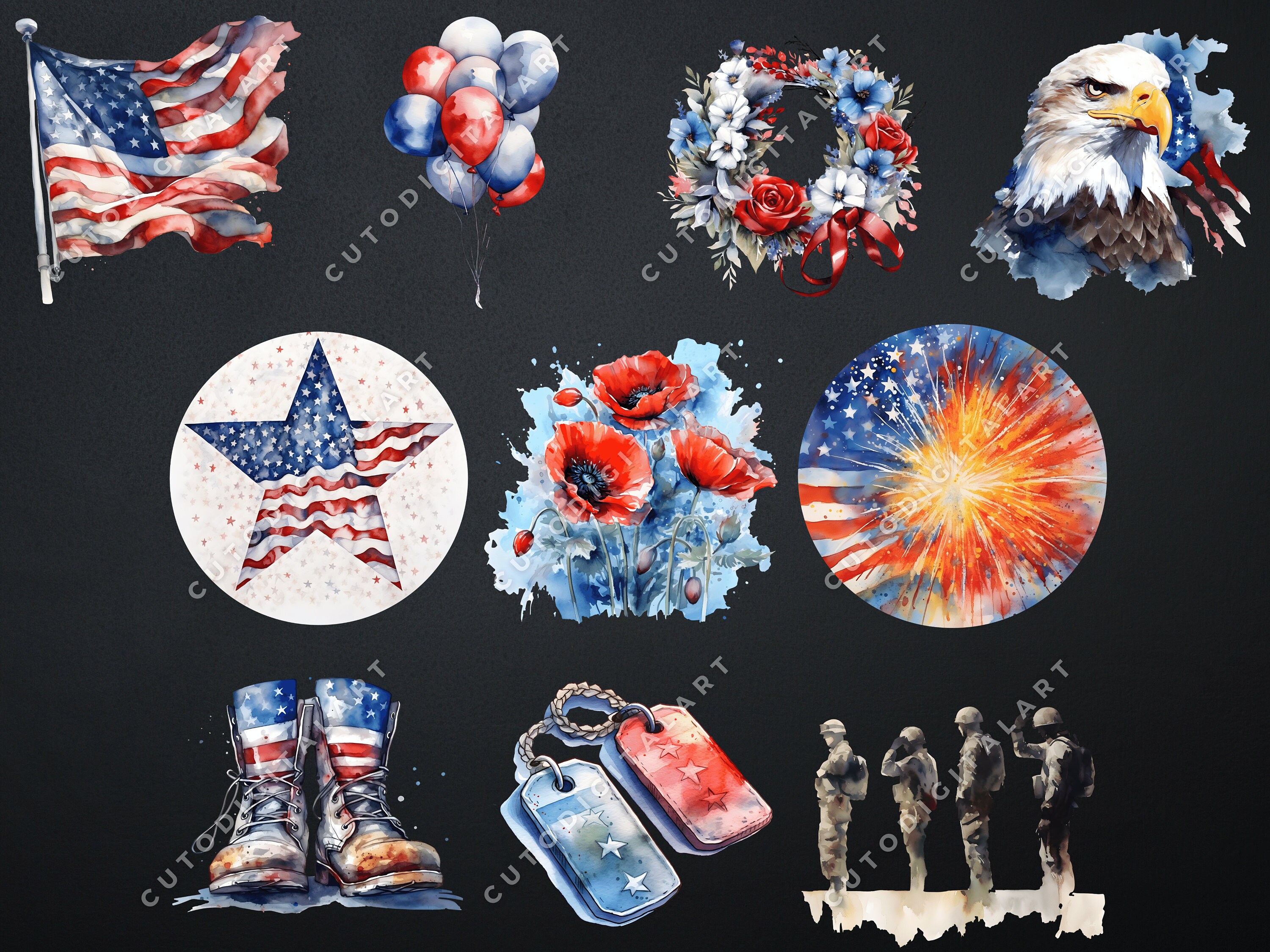 Watercolor Memorial Day Clipart Bundle Patriotic Clipart - Etsy