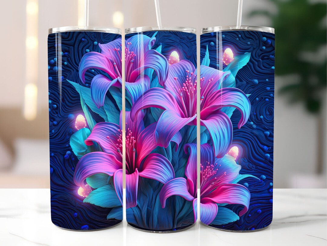 3D Purple Neon Lilies Flowers 20oz & 30oz Skinny Tumbler Sublimation ...