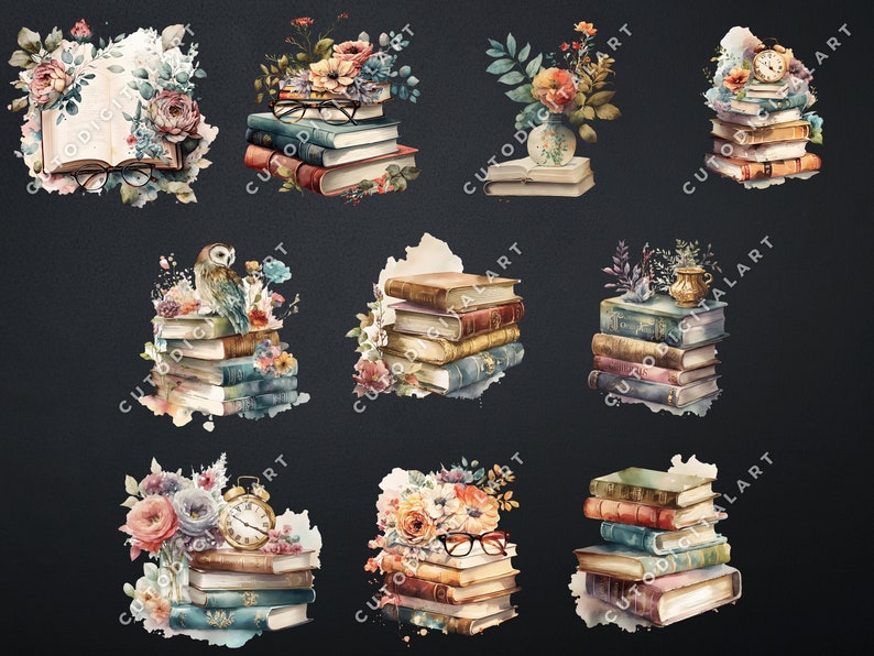 Watercolor Book Clipart Bundle, Transparent Book Stacks Vintage Style ...