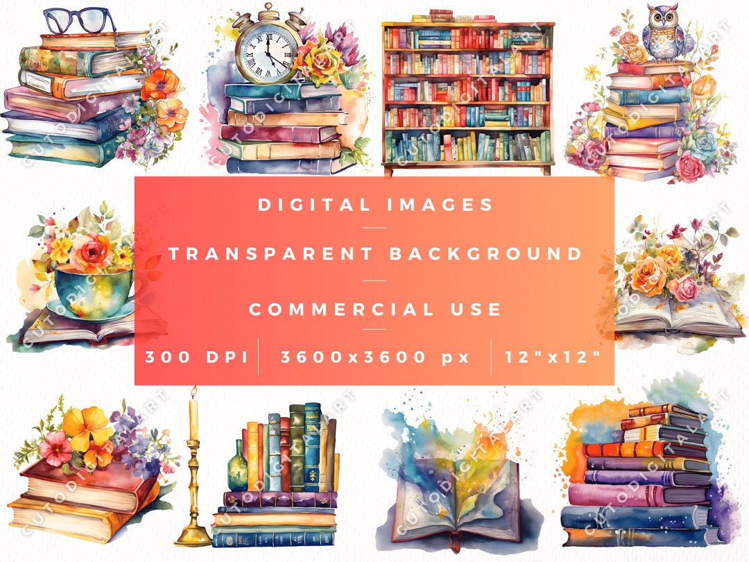 Watercolor Book Clipart Bundle, Transparent Bookshelfs and Stacks ...