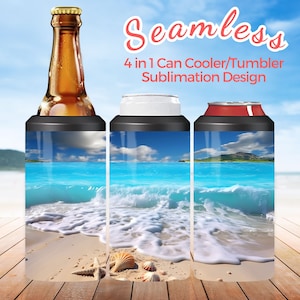 4 in 1 Can Cooler Tumbler Wrap, 3D Hello Summer Beach Sublimation ...