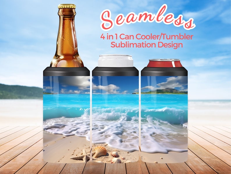 4 in 1 Can Cooler Tumbler Wrap, 3D Hello Summer Beach Sublimation ...