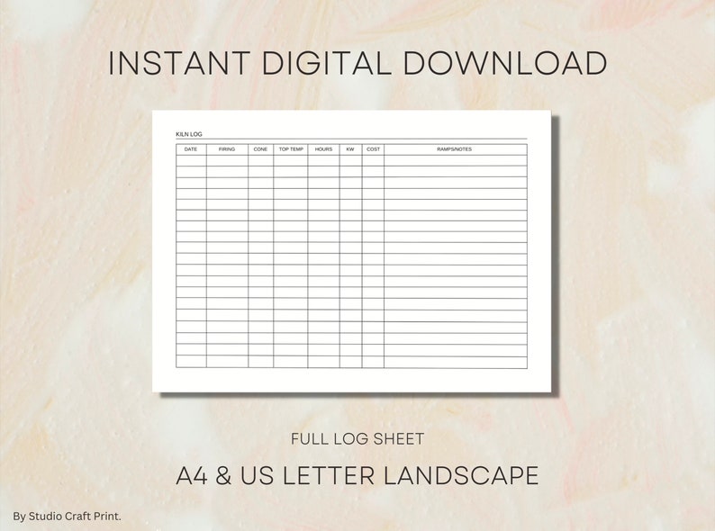 Printable Kiln Log Landscape, Digital Pottery Planner, A4 US Size ...