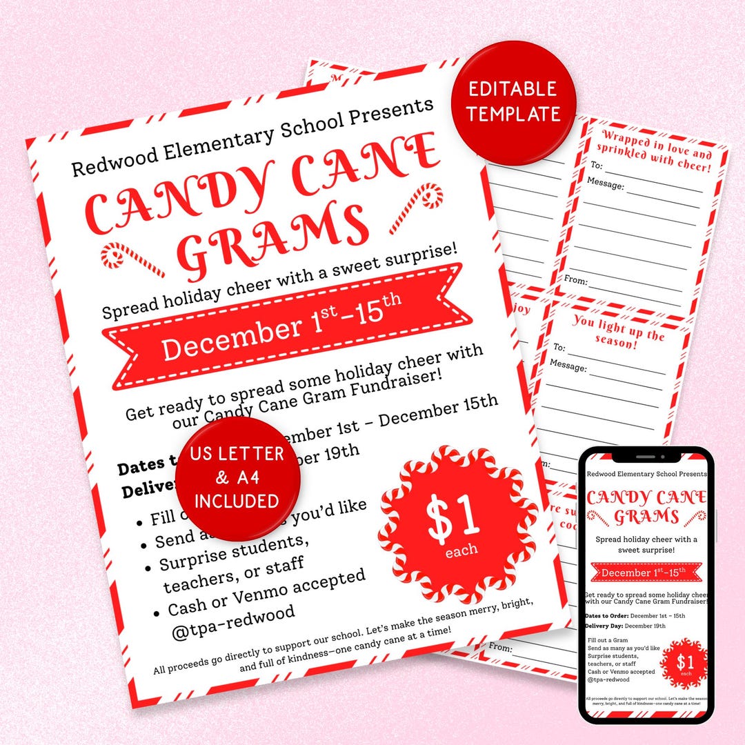 Candy Cane Gram Template, Candy Cane Printable Fundraiser, Christmas ...