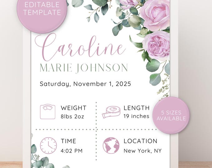 Minimalist Birth Stats Sign, Birth Statistics Print, Baby Birth ...