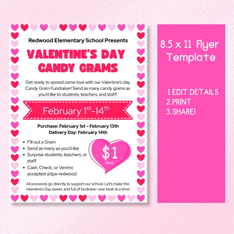 Valentines Day Candy Gram Flyer Template, Valentines Candy Gram PTO ...