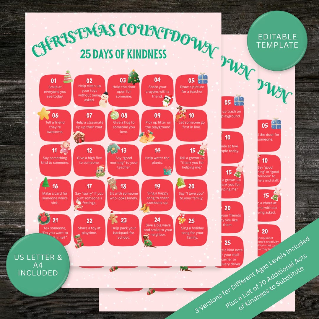 25 Days of Kindness Christmas Countdown, Printable Advent Calendar ...