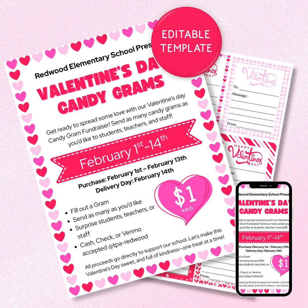 Valentines Day Candy Gram Flyer Template, Valentines Candy Gram PTO ...