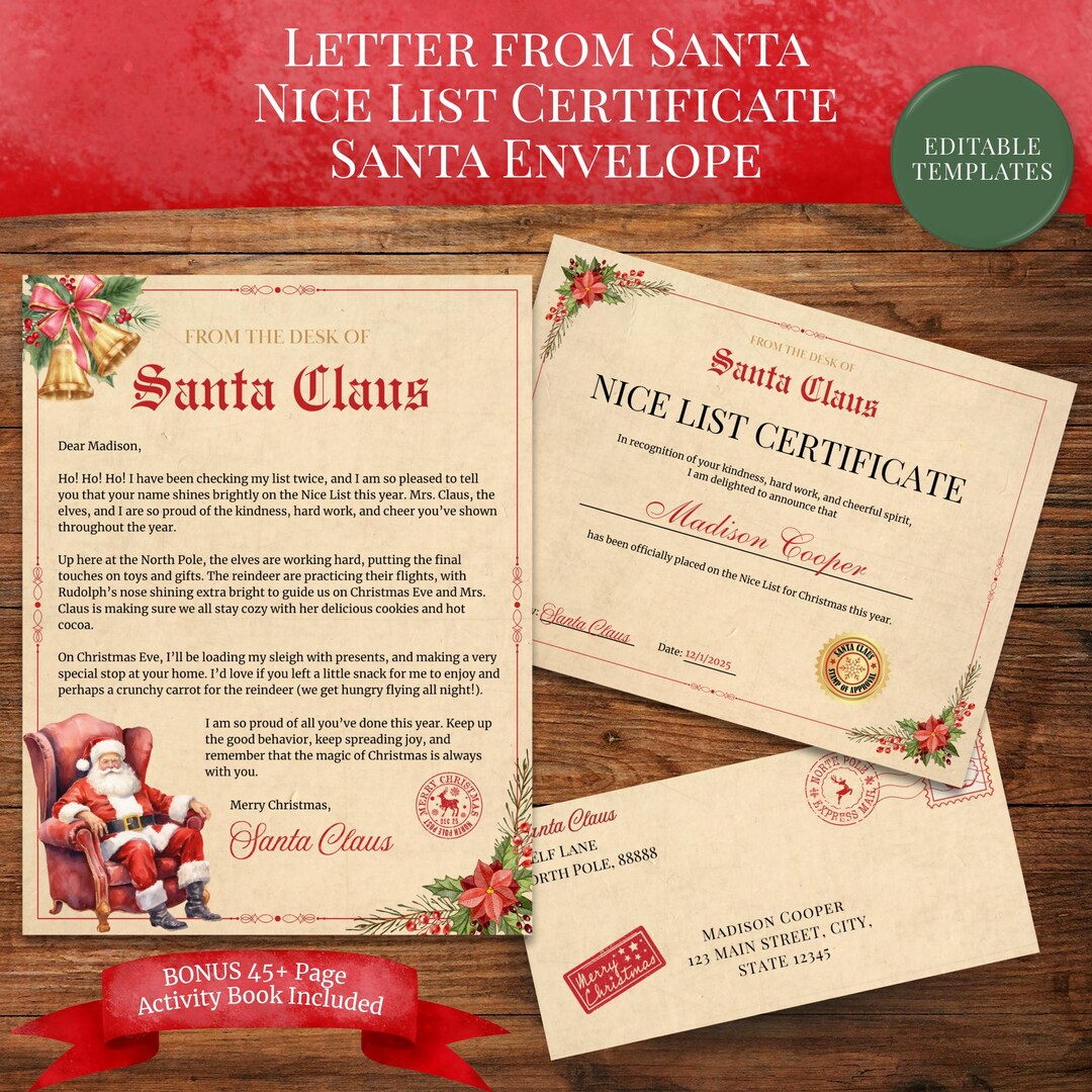 EDITABLE Letter From Santa Template, Nice List Certificate, Santa ...