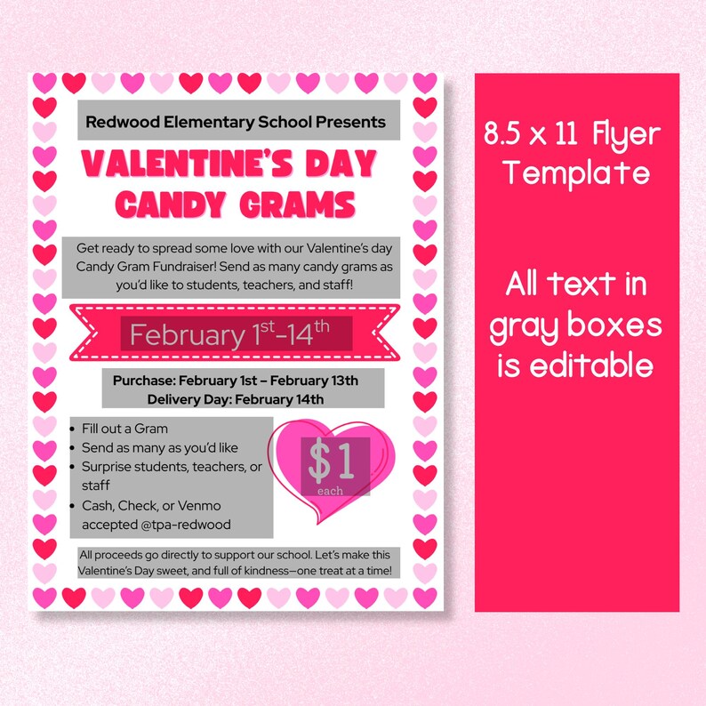 Valentines Day Candy Gram Flyer Template, Valentines Candy Gram PTO ...