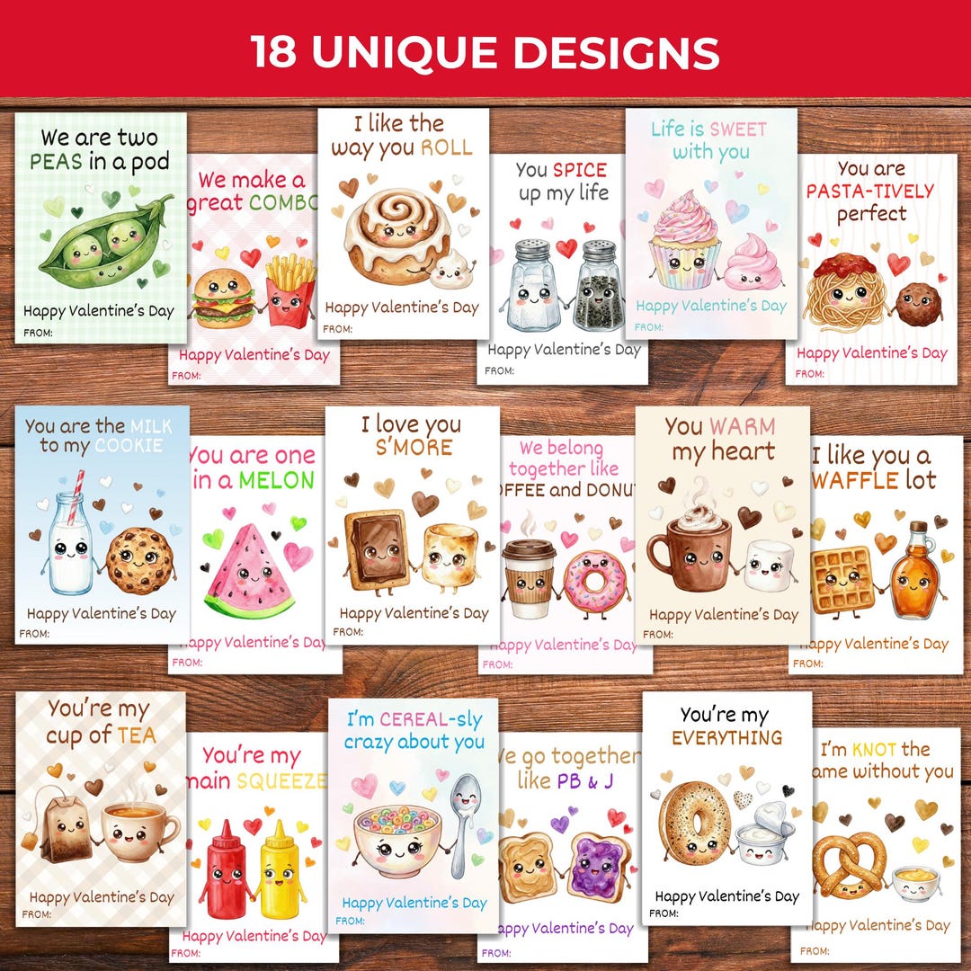 Food Pun Valentine Cards for Kids Printable, Editable Food Pairs ...
