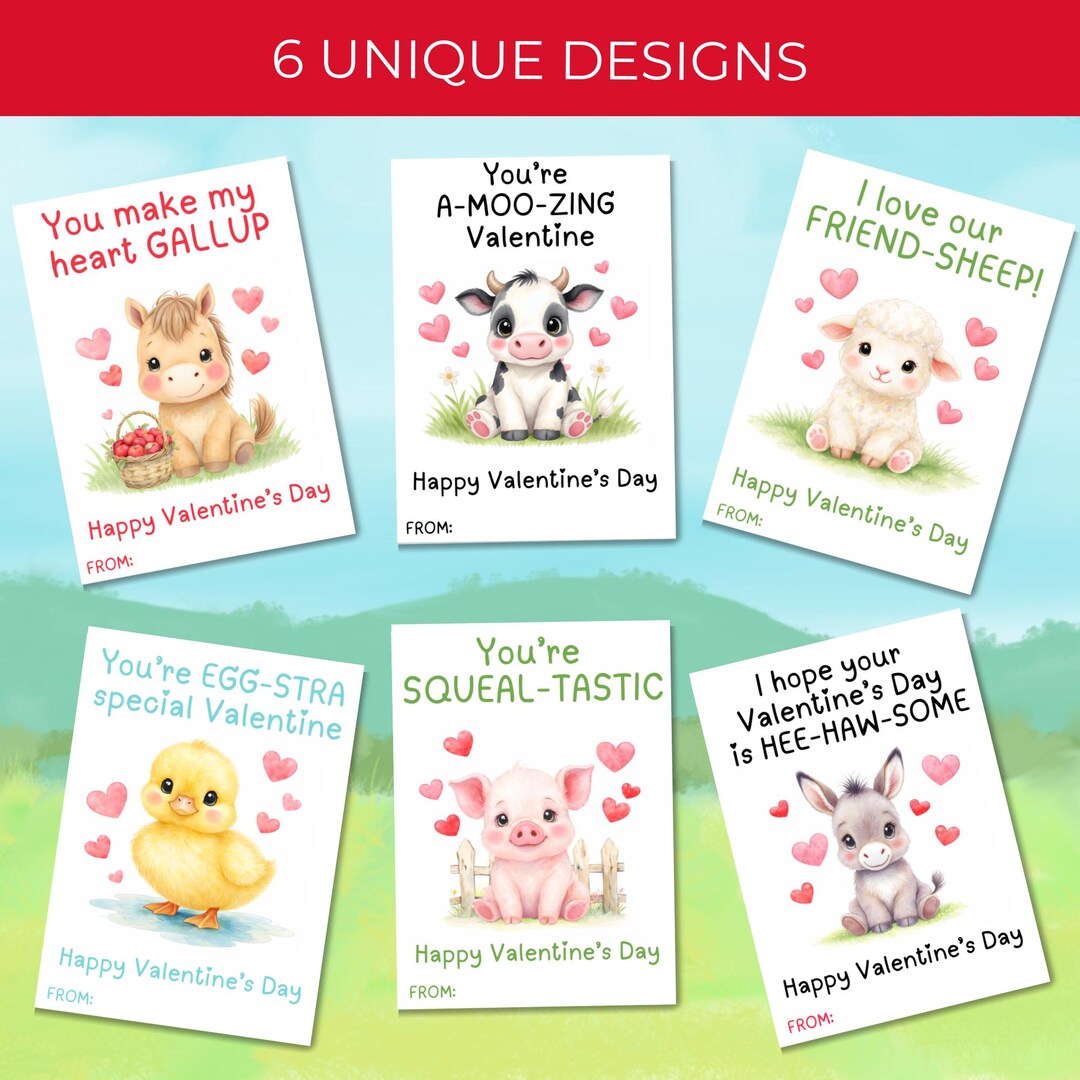 Farm Animals Valentine Cards for Kids Printable, Editable Farm Animals ...