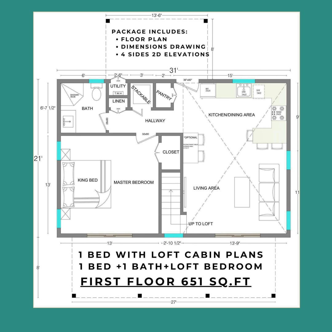 Cabin House Plans With Loft 31'x21' House Plan - 1 Bedroom Modern Tiny ...
