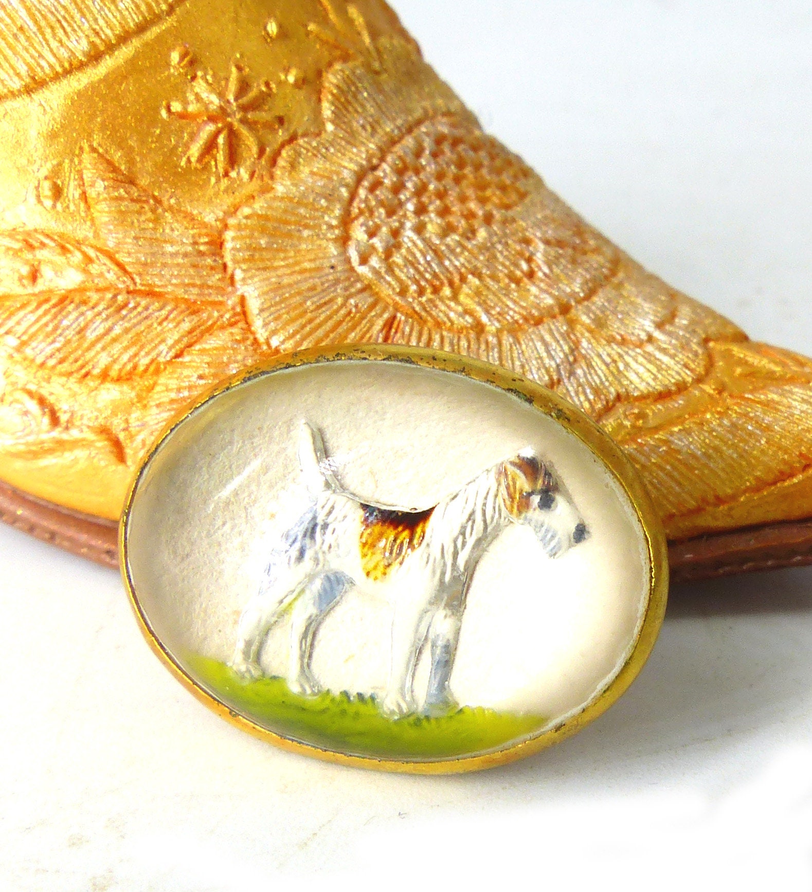 Upcycled Vintage Reverse Carved Painted Glass Intaglio Terrier - Etsy