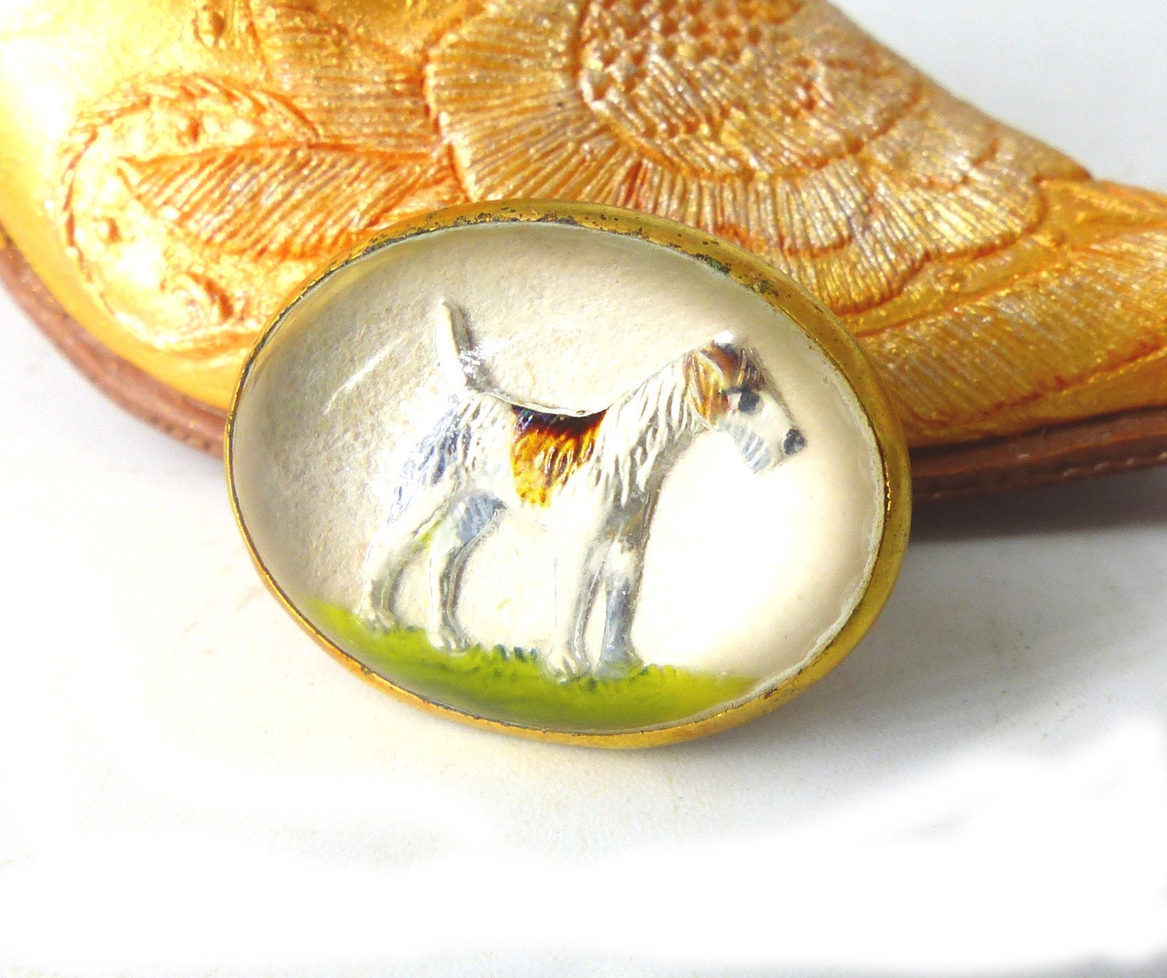 Upcycled Vintage Reverse Carved Painted Glass Intaglio Terrier - Etsy