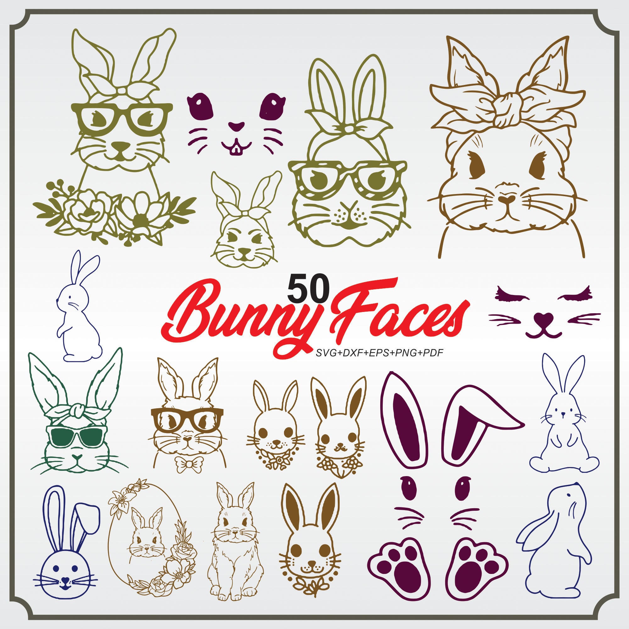 Bunny Face Ears Svg Bundle, Cute Easter Bunny Clipart for Cricut, Bunny ...