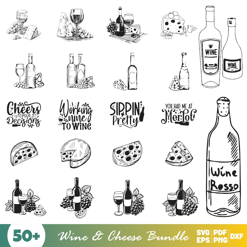 Wine and Cheese Svg Bundle, Wine Clipart for Cricut, Winery Vector, Cheese Decal, Wine Cut Files ...