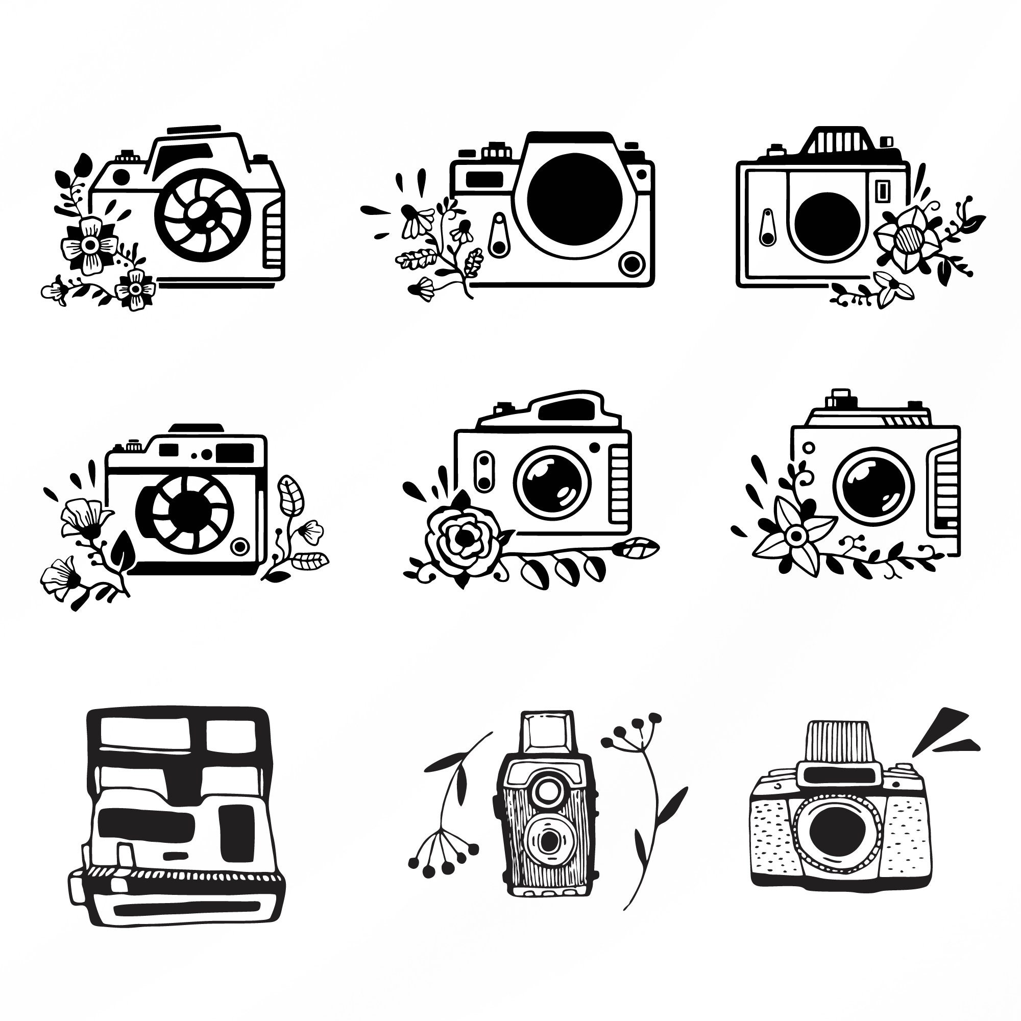 Camera Svg Bundle, Camera Clipart for Cricut, Flory Camera Vector ...