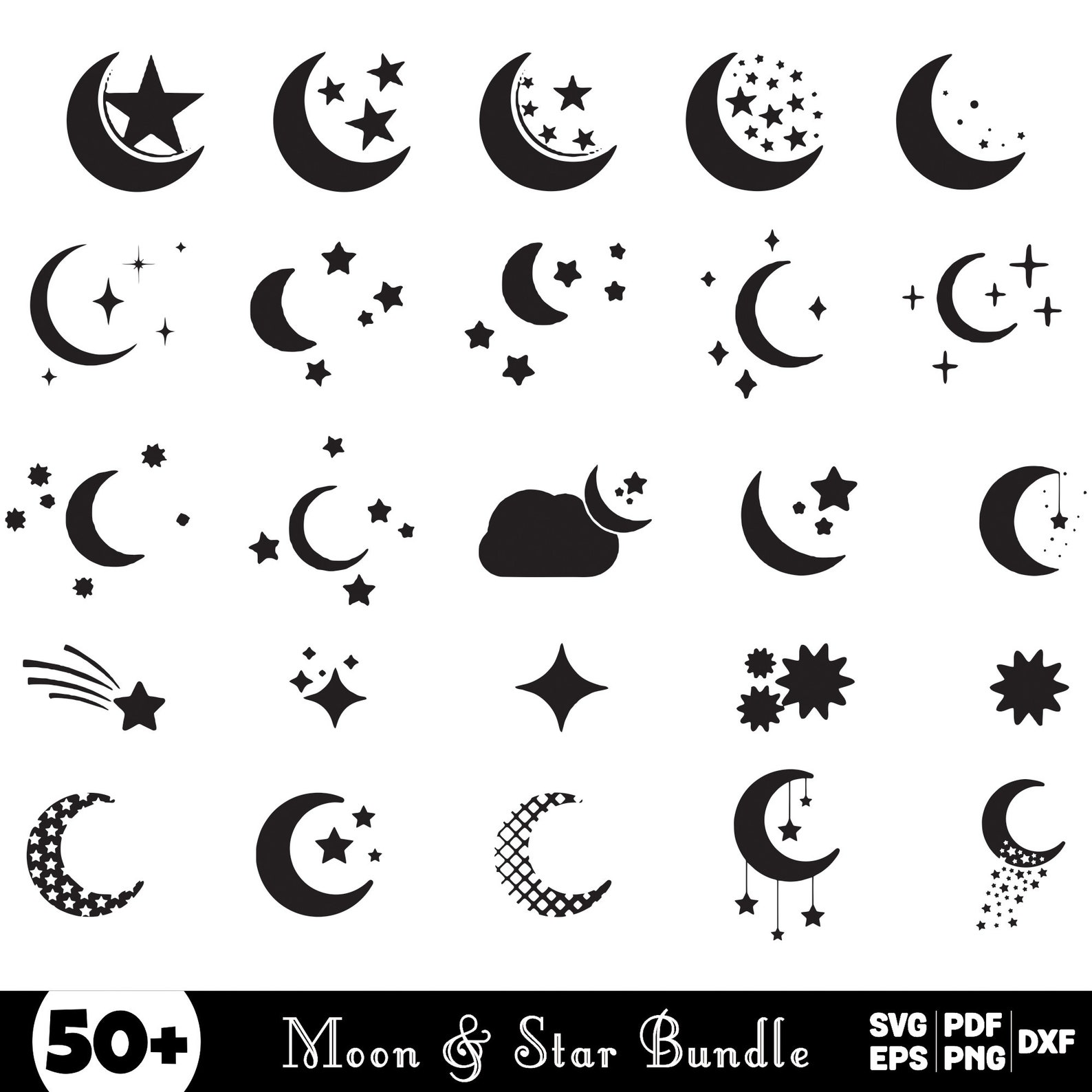 Moon and Stars Svg Bundle, Crescent Moon Clipart for Cricut, Moon Stars ...