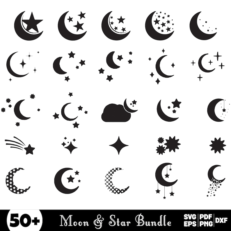 Moon and Stars Svg Bundle, Crescent Moon Clipart for Cricut, Moon Stars ...